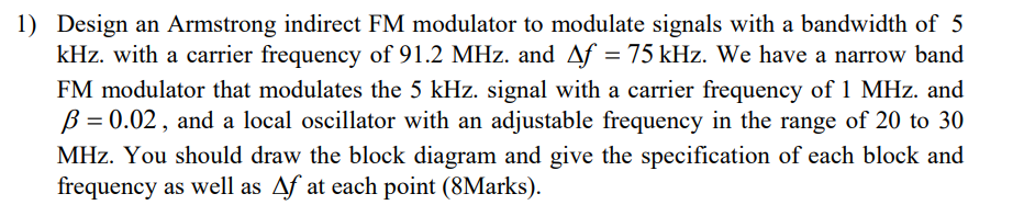 Solved Design an Armstrong indirect FM modulator to modulate | Chegg.com