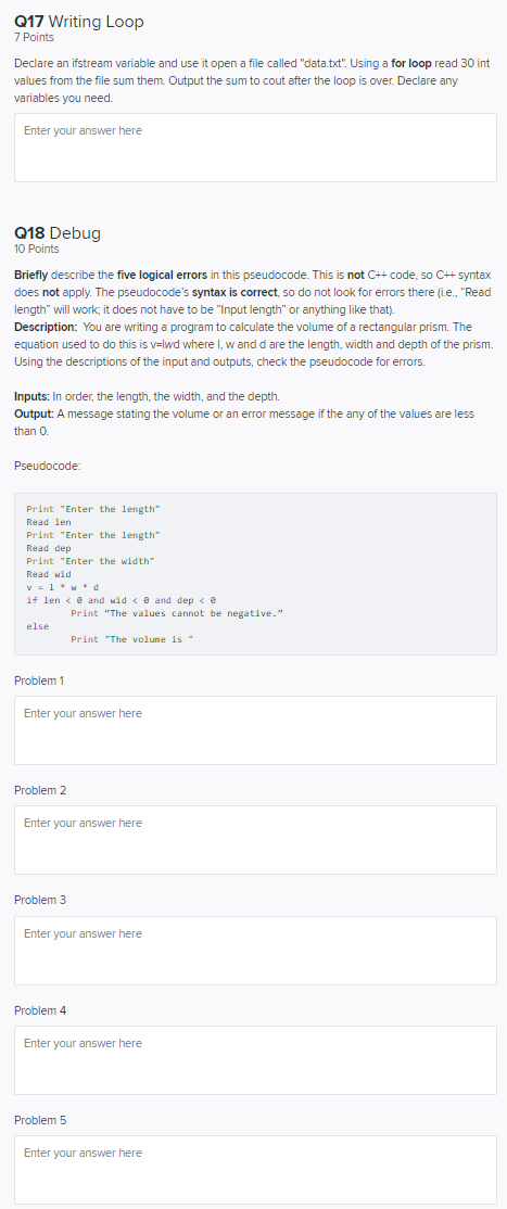 Solved Q17 Writing Loop 7 Points Declare an ifstream | Chegg.com