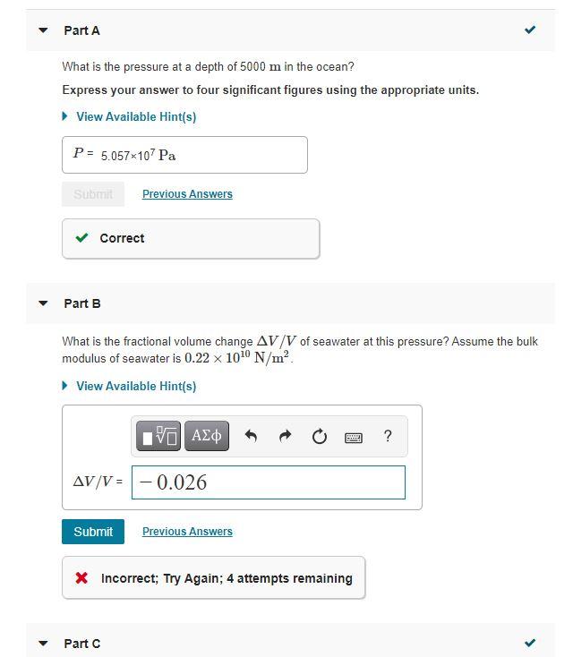 Solved Part A What is the pressure at a depth of 5000 m in | Chegg.com