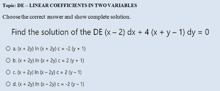 Solved Topic: DE - LINEAR COEFFICIENTS IN TWO VARIABLES | Chegg.com