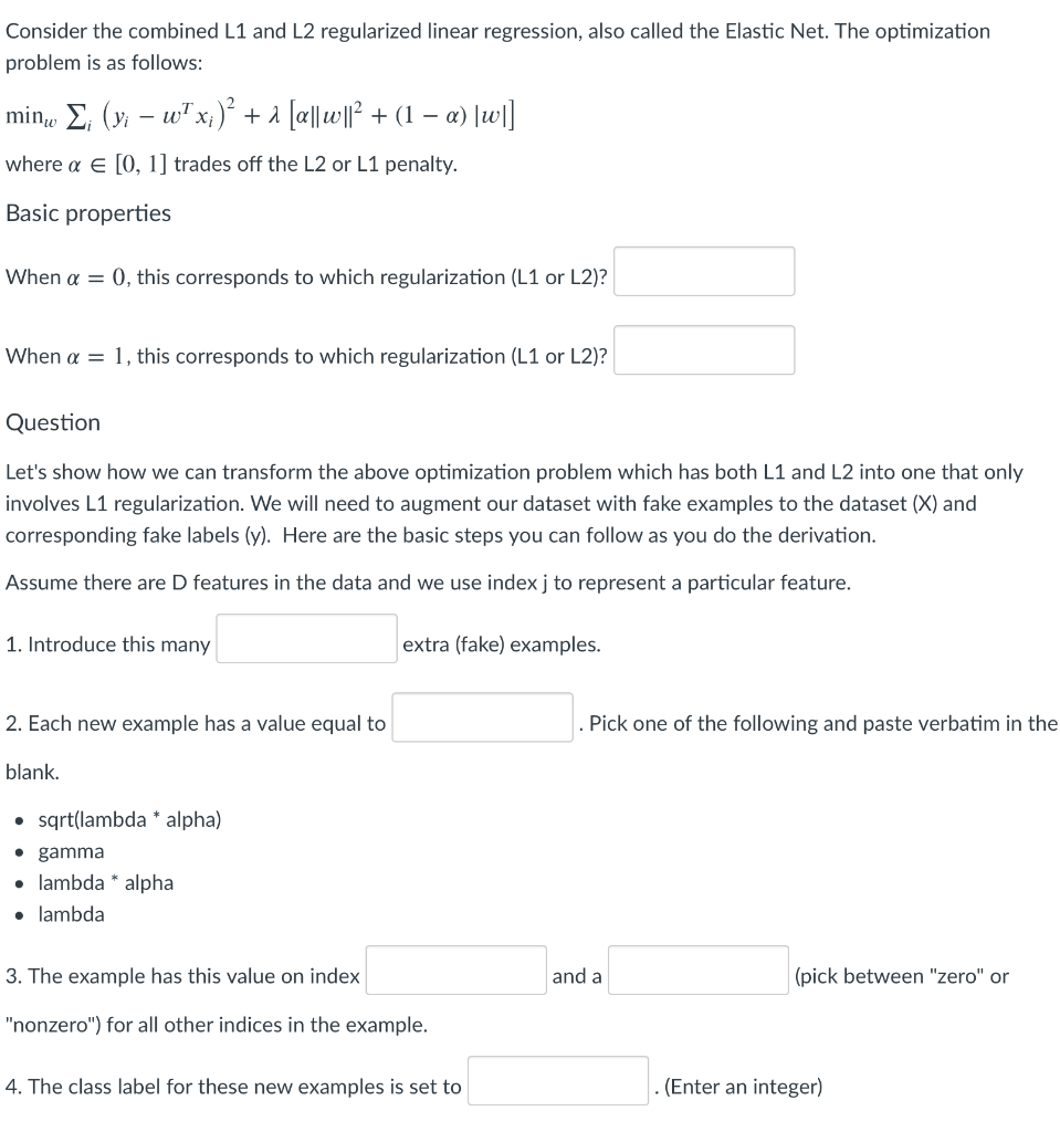 Consider the combined L1 and L2 regularized linear | Chegg.com