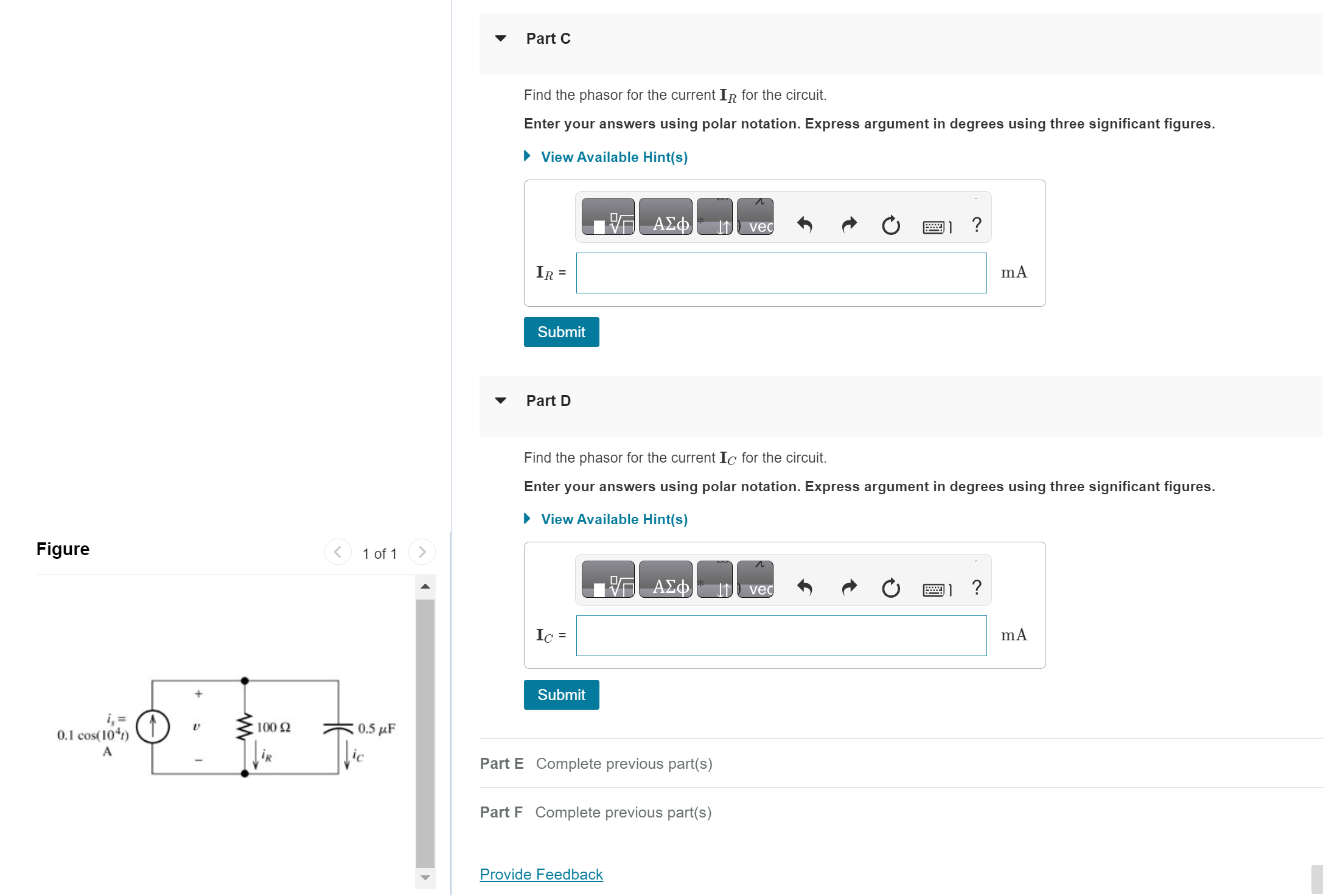 Solved Find the phasor for the current IR for the circuit. | Chegg.com