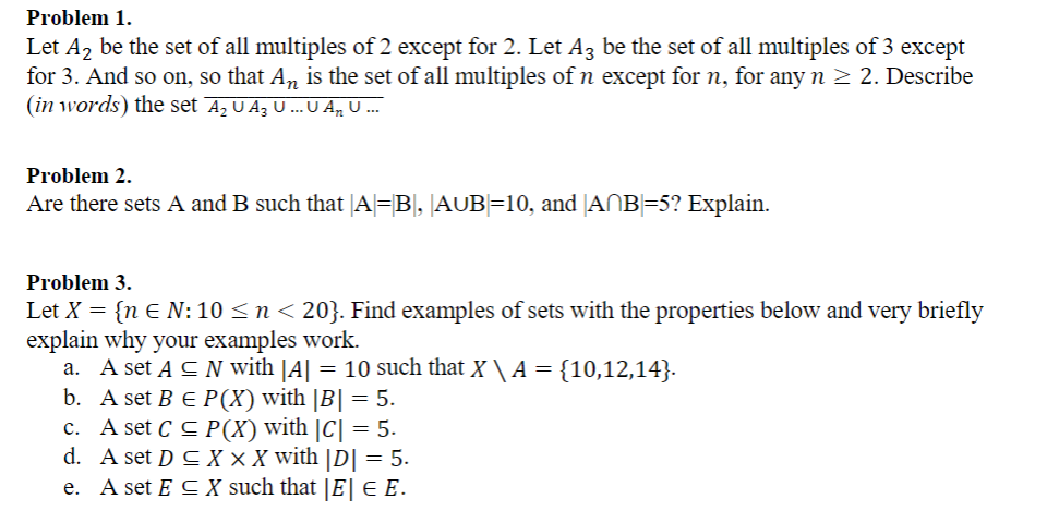 Solved Problem 1. Let A2 be the set of all multiples of 2 | Chegg.com