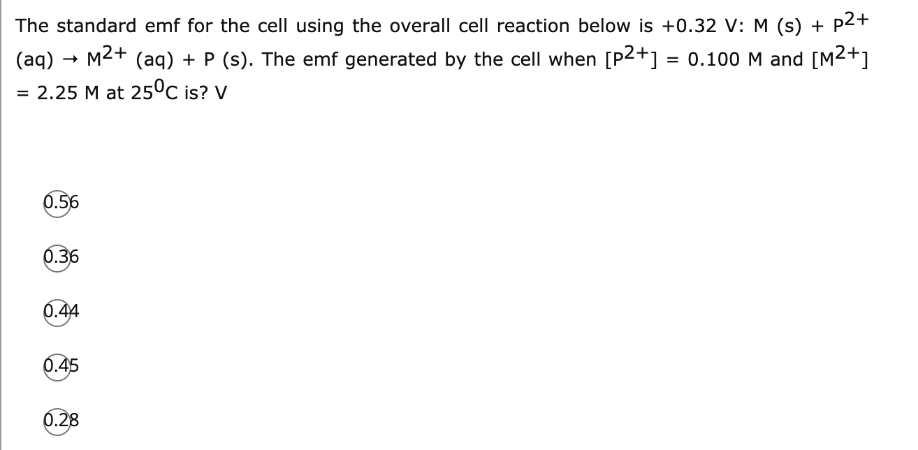 Solved The standard emf for the cell using the overall cell | Chegg.com
