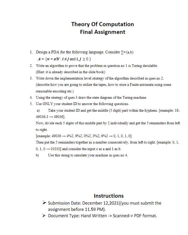 Solved Theory Of Computation Final Assignment 1 Design A 9415