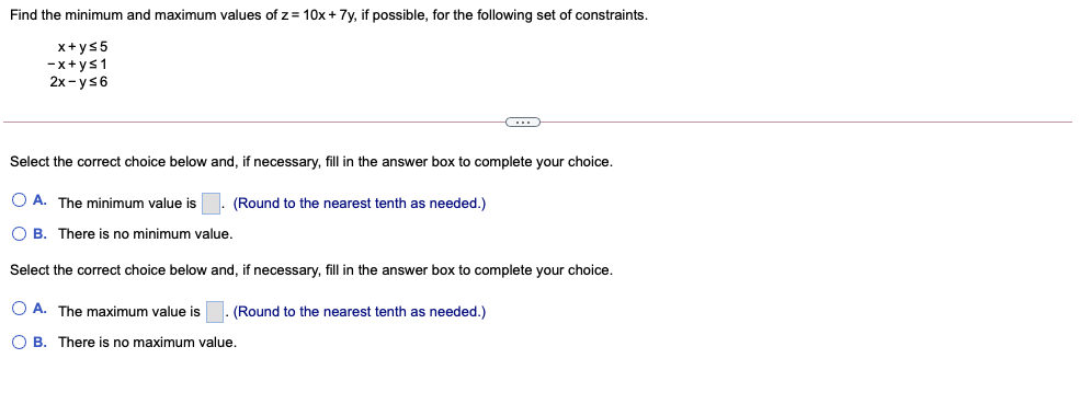 Solved Find the minimum and maximum values of z = 10x + 7y, | Chegg.com