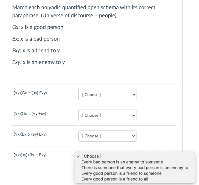 Solved Question 9 4 pts Match each polyadic quantified open | Chegg.com