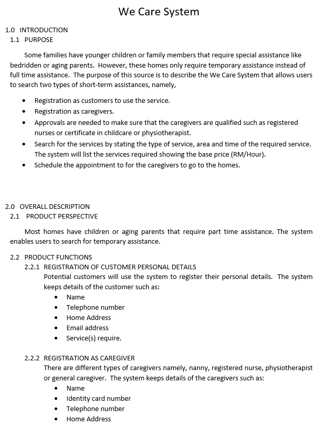 Solved We Care System 1.0 INTRODUCTION 1.1 PURPOSE Some | Chegg.com