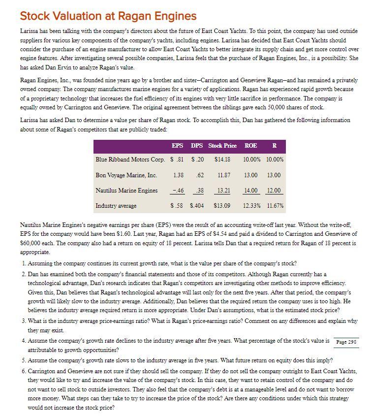 Solved Stock Valuation at Ragan Engines Larissa has been | Chegg.com
