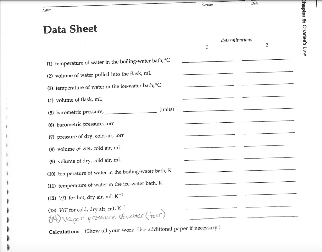 Solved Date Section Name Data Sheet Chapter 9: Charles's Law | Chegg.com