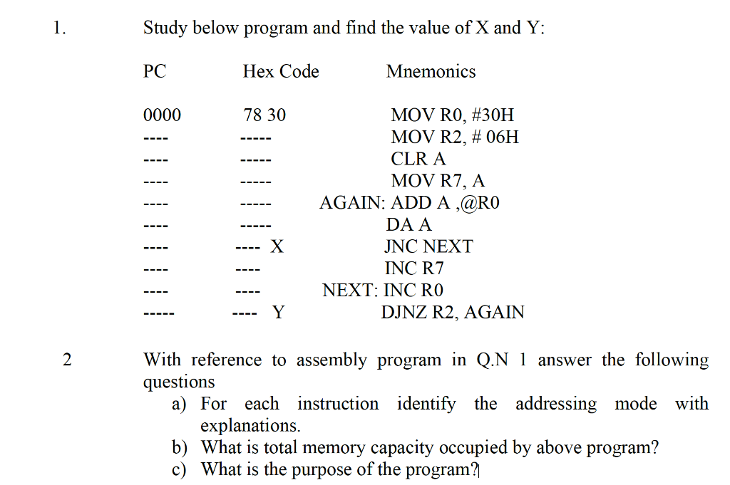 Study below program and find the value of X and Y: PC | Chegg.com