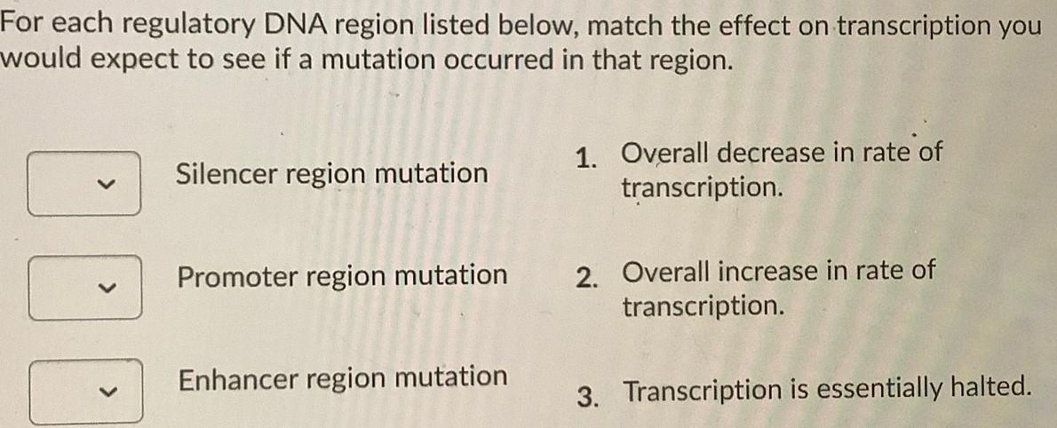Solved For each regulatory DNA region listed below, match | Chegg.com