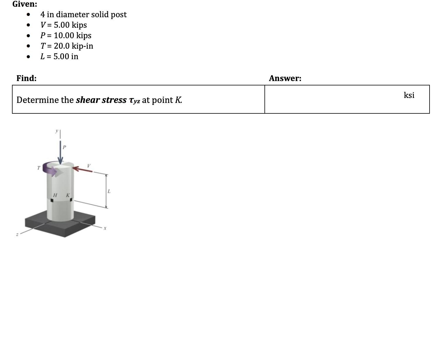 Solved Given: - 4 in diameter solid post - V=5.00kips - | Chegg.com