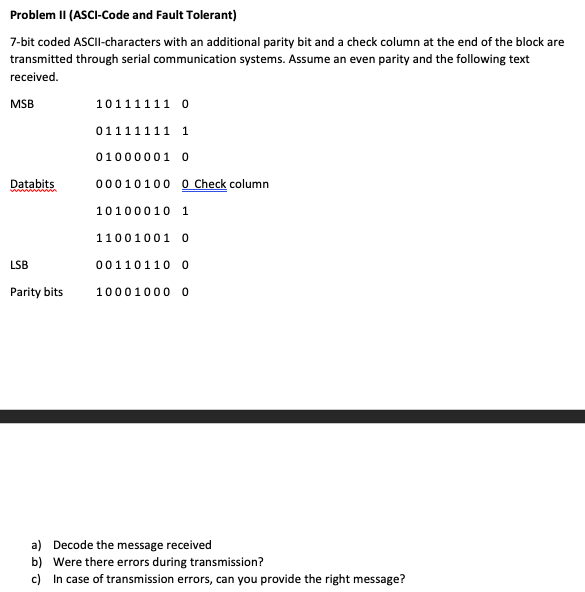 Problem II (ASCI-Code and Fault Tolerant) 7-bit coded | Chegg.com