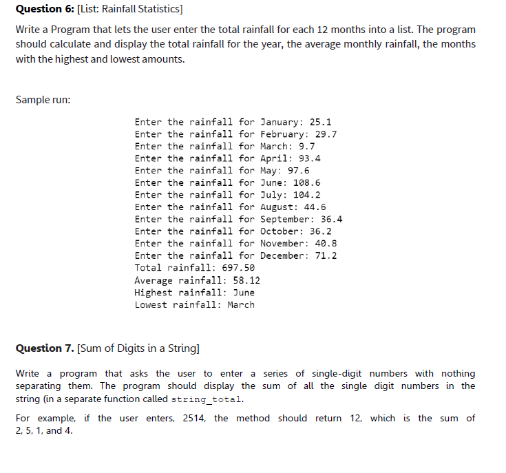 Solved Question 6 List Rainfall Statistics Write A 