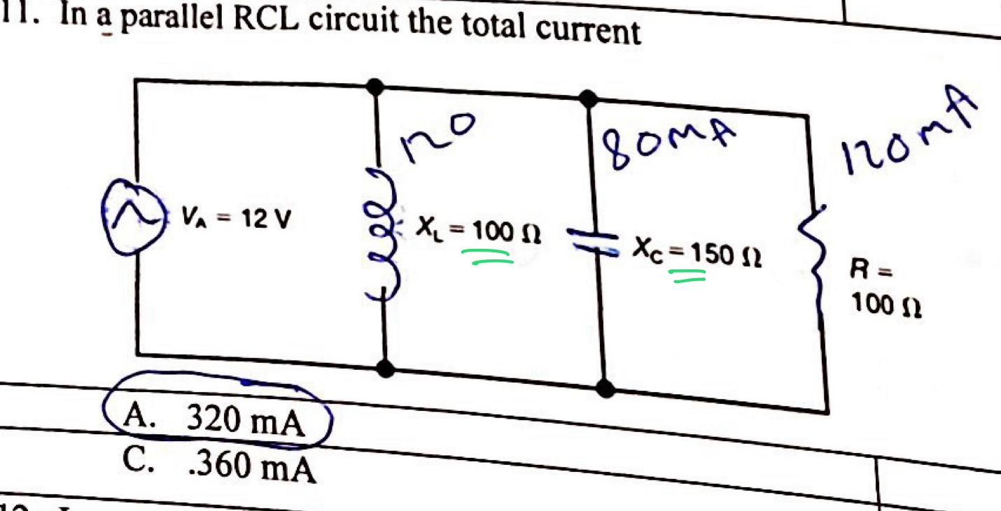 Solved 11. In a parallel RCL circuit the total current no | Chegg.com