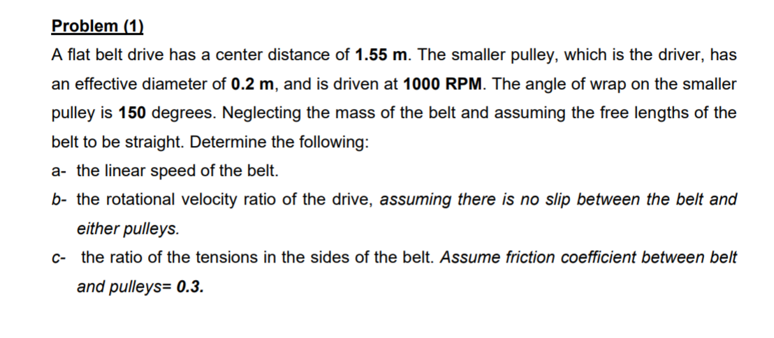 Solved Problem (1) A flat belt drive has a center distance | Chegg.com