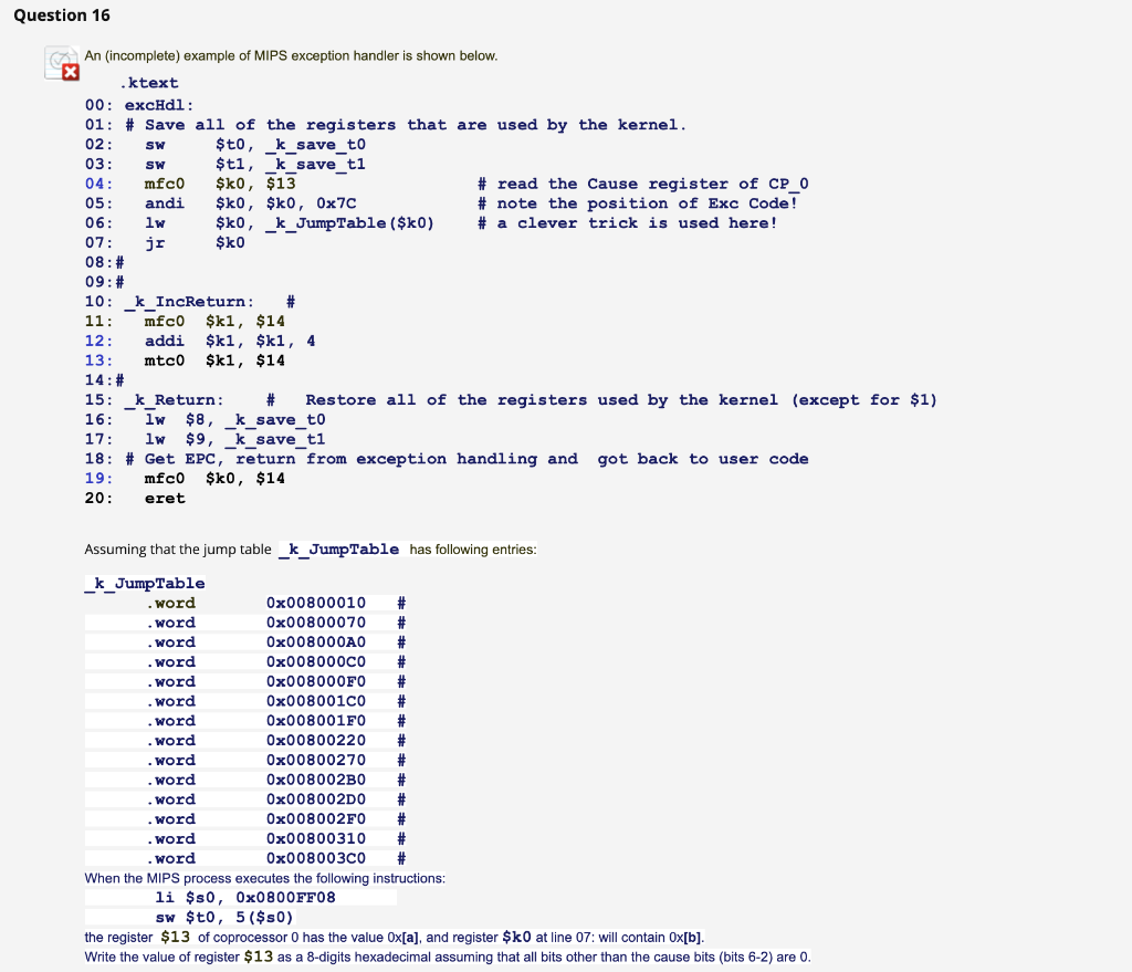 Question 16 SW SW An (incomplete) example of MIPS | Chegg.com