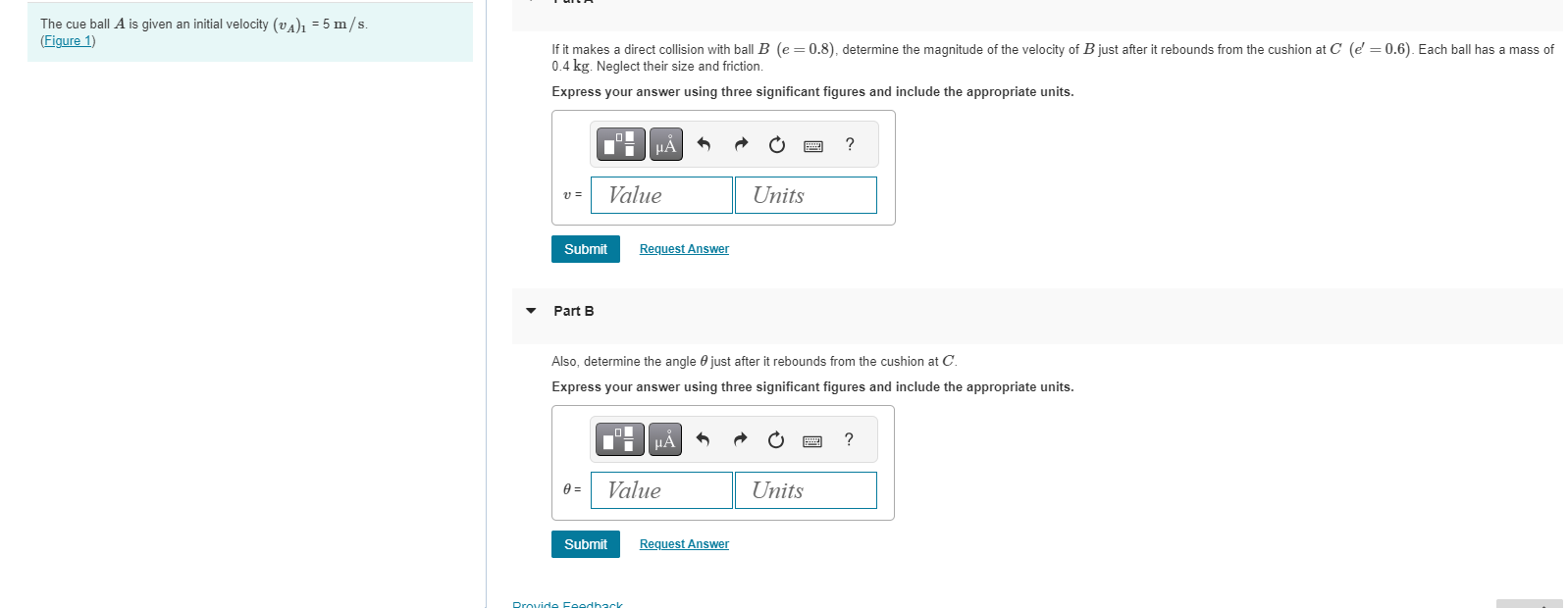 Solved The cue ball A is given an initial velocity (vA)1=5 | Chegg.com