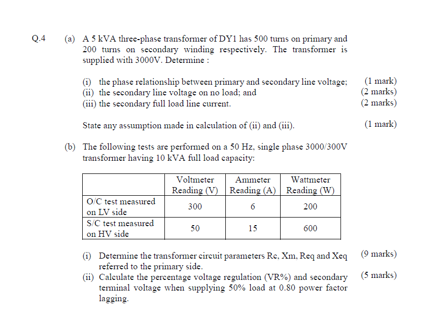 Solved Q.4 (a) A 5 kVA three-phase transformer of DY1 has | Chegg.com