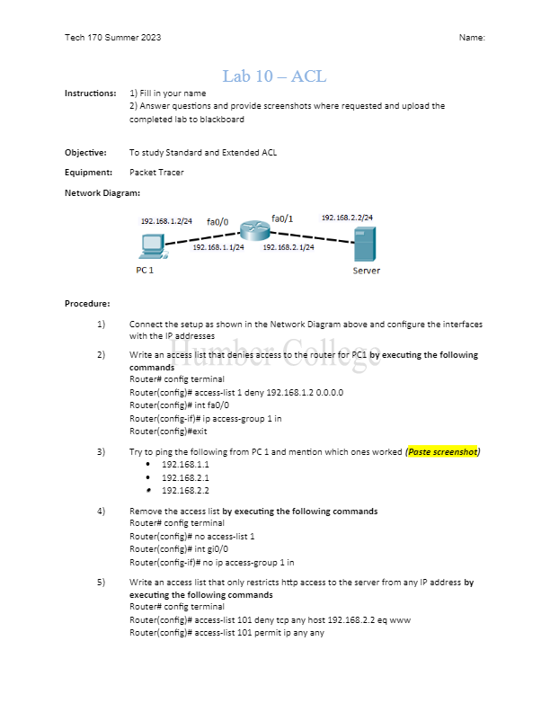 Solved Lab 10 - ACL Instructions: 1) Fill in your name 2) | Chegg.com