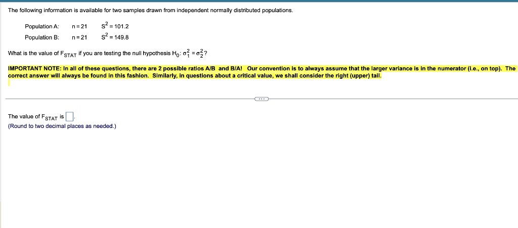 Solved Population A: n=21 s2=101.2 Population B:n=21 | Chegg.com