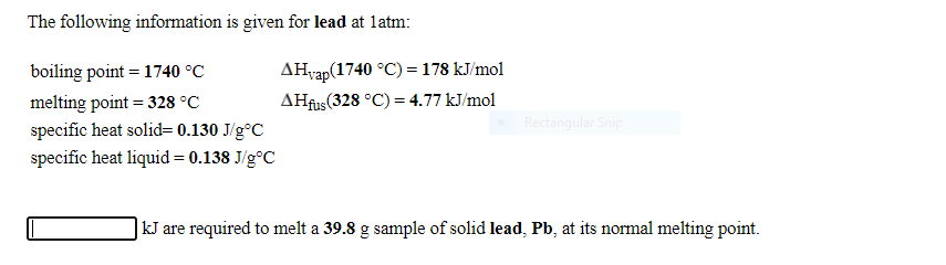 Solved The following information is given for lead at latm: | Chegg.com