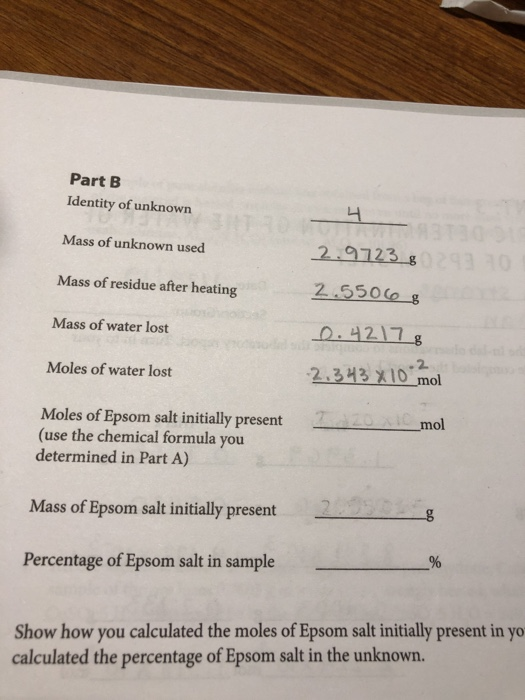 Solved moles of epsom salt initially present Formula | Chegg.com