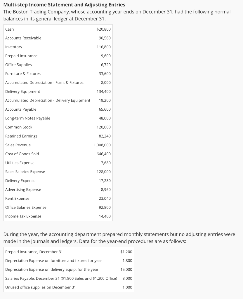Solved Multi-step Income Statement and Adjusting Entries The | Chegg.com