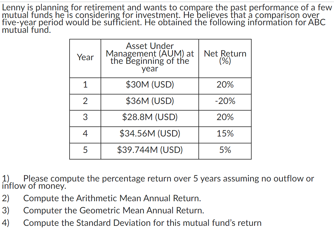Solved Question 1Lenny is planning for retirement and wants | Chegg.com