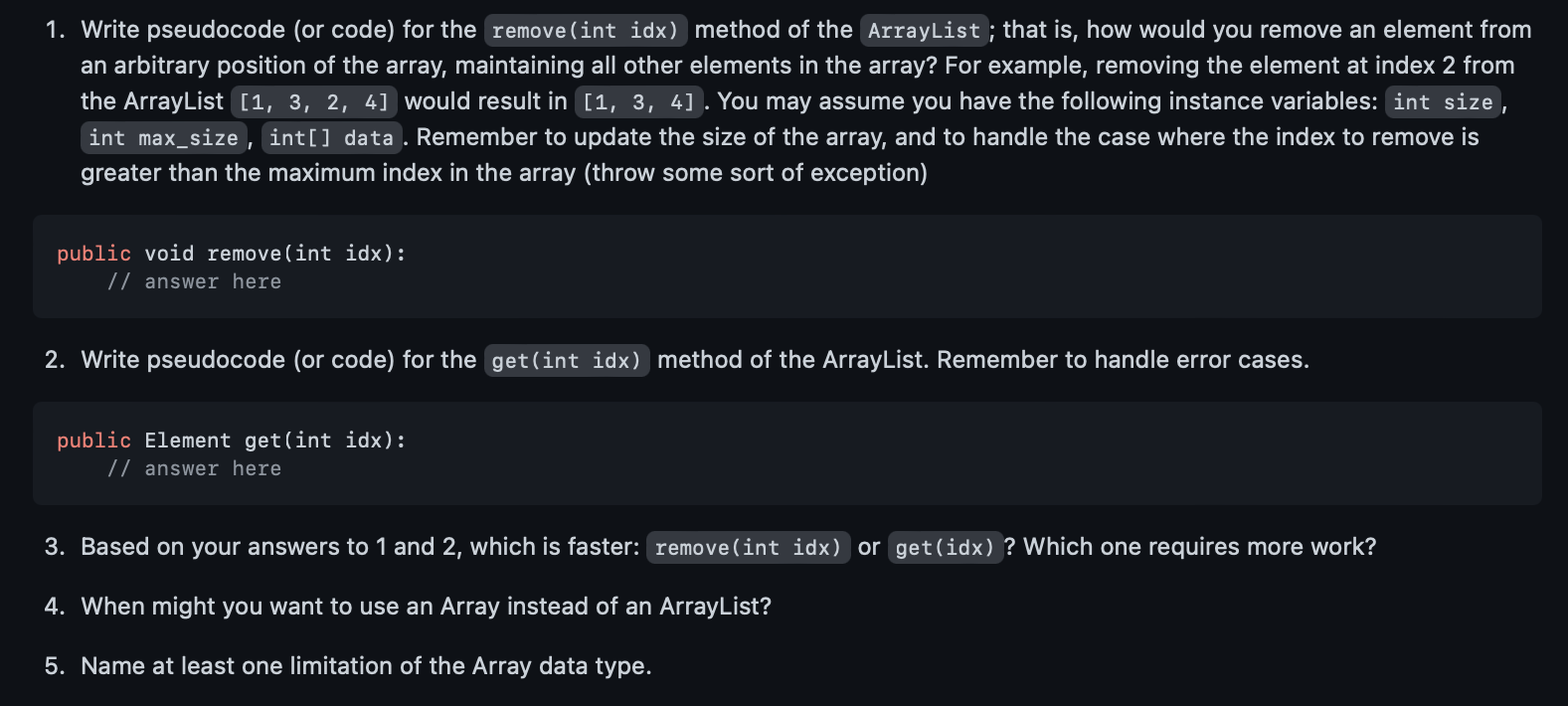 Solved 1. Write pseudocode (or code) for the remove(int idx) | Chegg.com