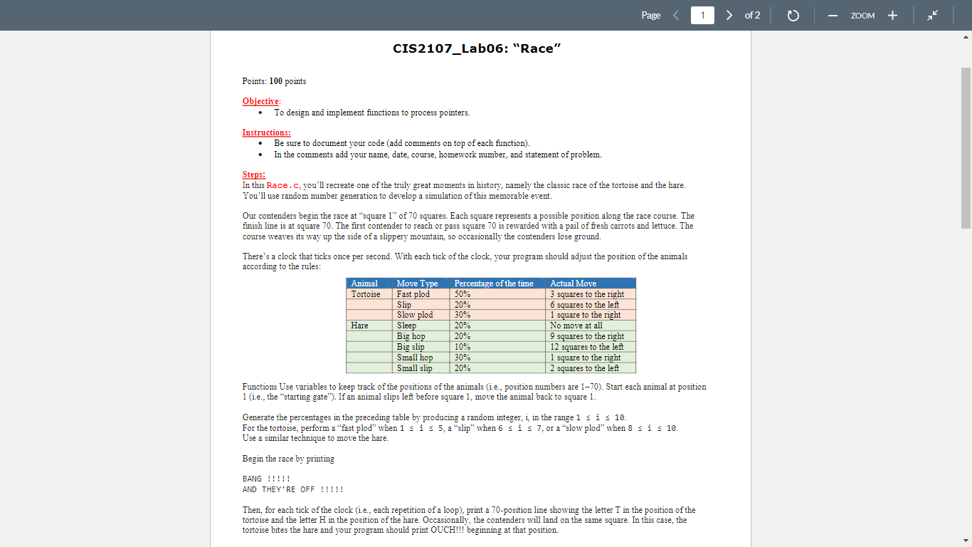Page 1 > of 2 ZOOM + CIS2107_Lab06: "Race" Points: | Chegg.com