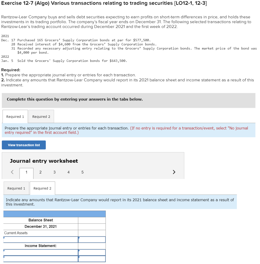 Solved Exercise 12-7 (Algo) Various transactions relating to | Chegg.com