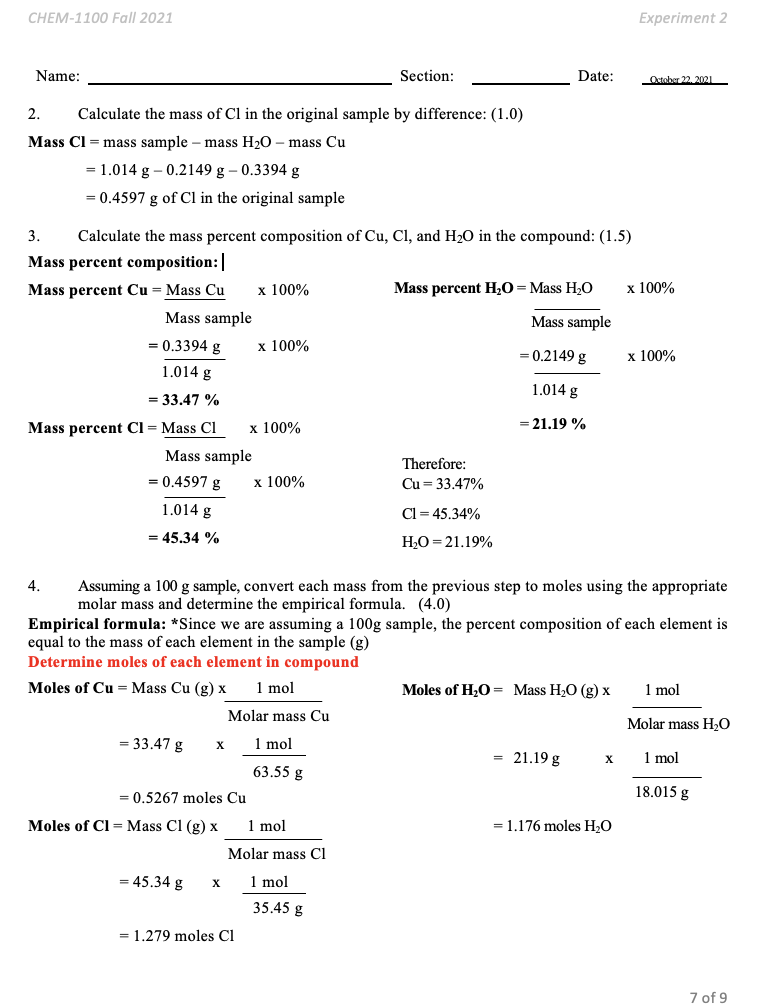 Solved CHEM-1100 Fall 2021 Experiment 2 EXPERIMENT 2 | Chegg.com