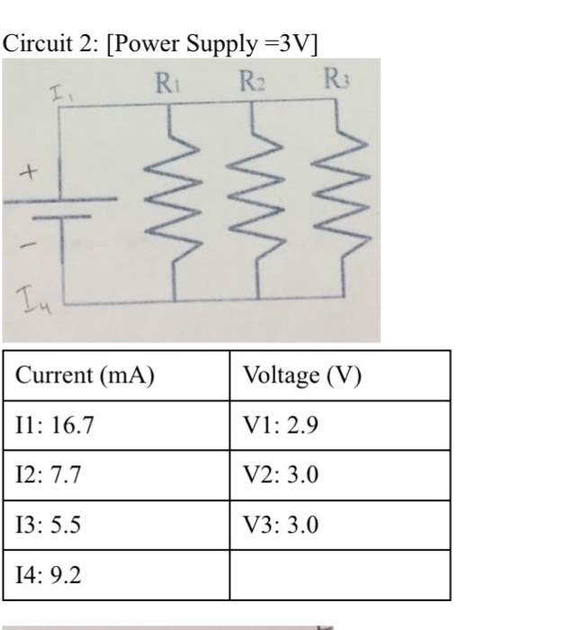 Solved Circuit 2: [Power Supply 3V1 I, R1 R2 R3 Current (mA) | Chegg.com