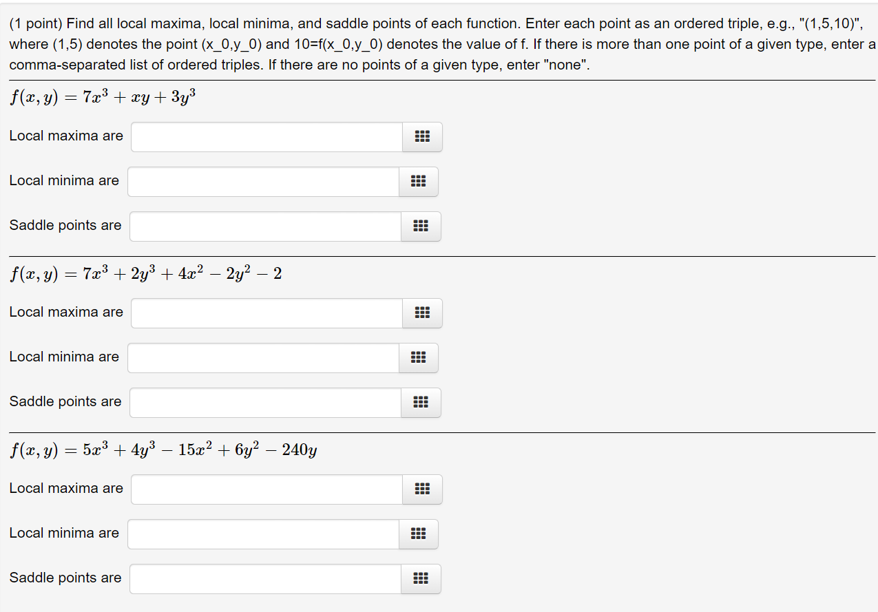 Solved (1 ﻿point) ﻿Find all local maxima, local minima, and | Chegg.com