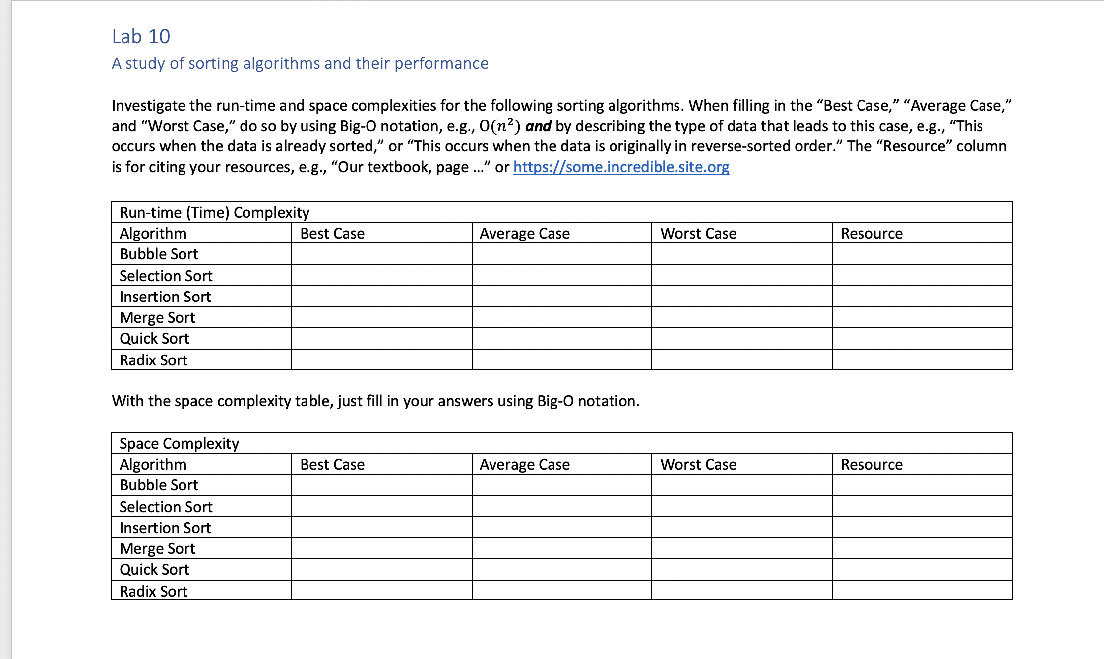 Solved Lab 10 A study of sorting algorithms and their | Chegg.com