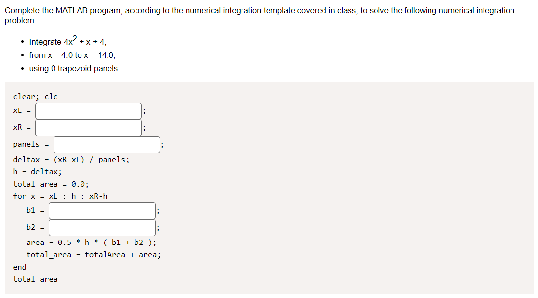 Solved Complete the MATLAB program, according to the | Chegg.com