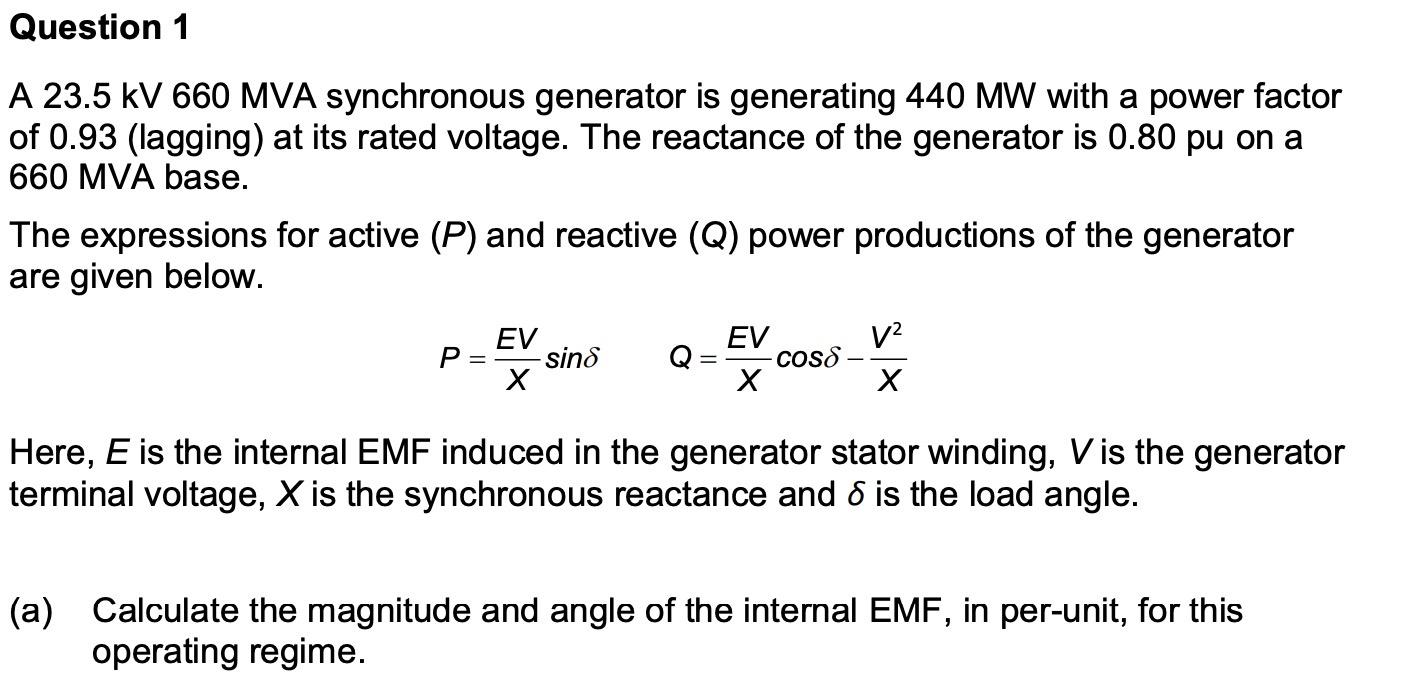 Solved A 23.5kV660 MVA synchronous generator is generating | Chegg.com