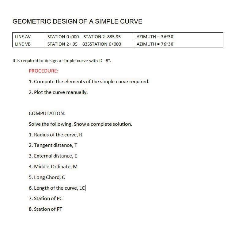 Solved GEOMETRIC DESIGN OF A SIMPLE CURVE LINE AV LINE VB | Chegg.com