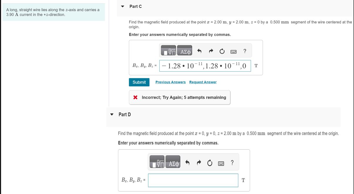 Solved A long, straight wire lies along the z-axis and | Chegg.com