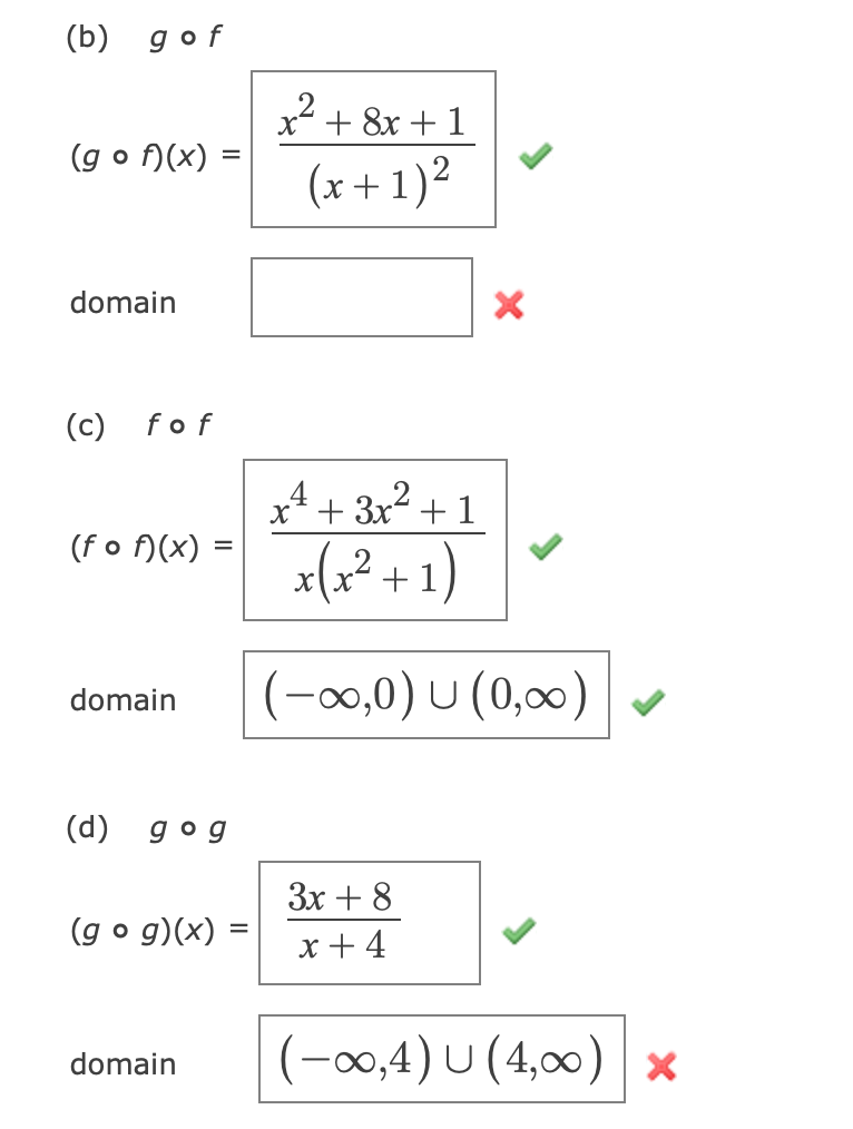 Solved (g∘f)(x)=(x+1)2x2+8x+1 domain (c) f∘f | Chegg.com