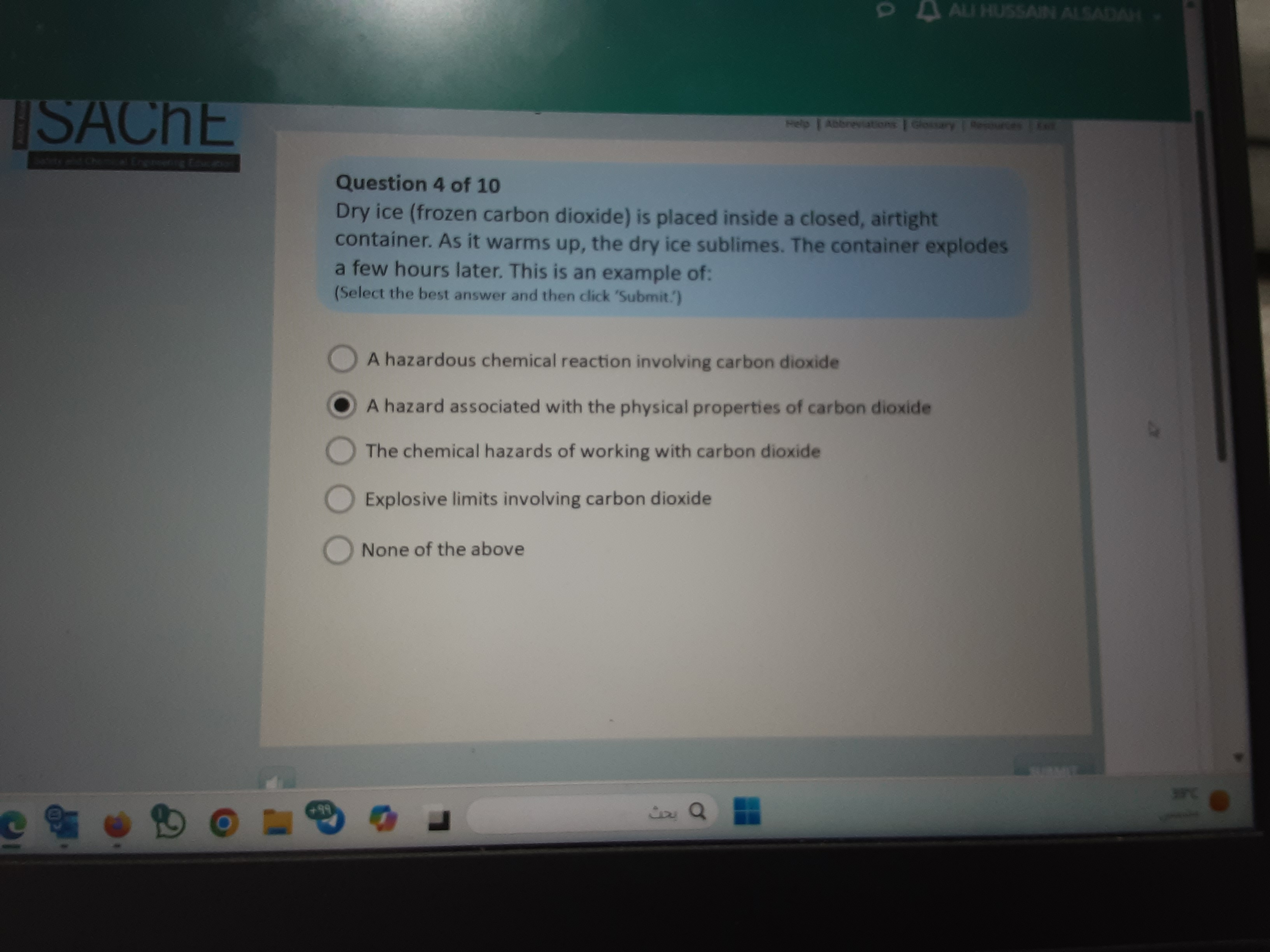 Solved Question 4 ﻿of 10 ﻿Dry ice (frozen carbon dioxide) | Chegg.com