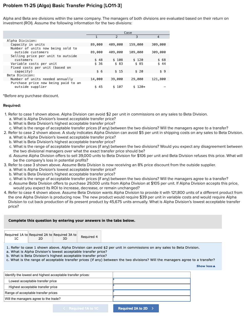 Solved Problem 11-25 (Algo) Basic Transfer Pricing [LO11-3] | Chegg.com