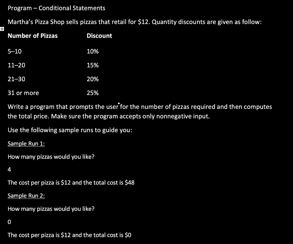 Solved Program - Conditional Statements Martha's Pizza Shop | Chegg.com