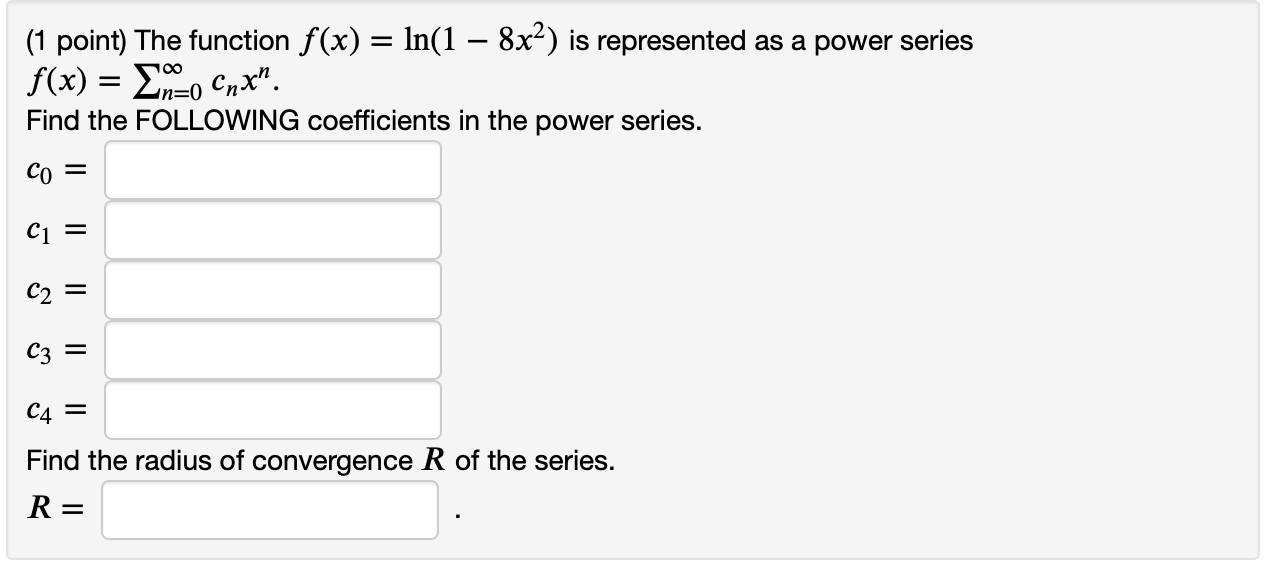 Solved (1 point) The function 𝑓(𝑥)=ln(1−8𝑥2) f ( x ) = ln | Chegg.com