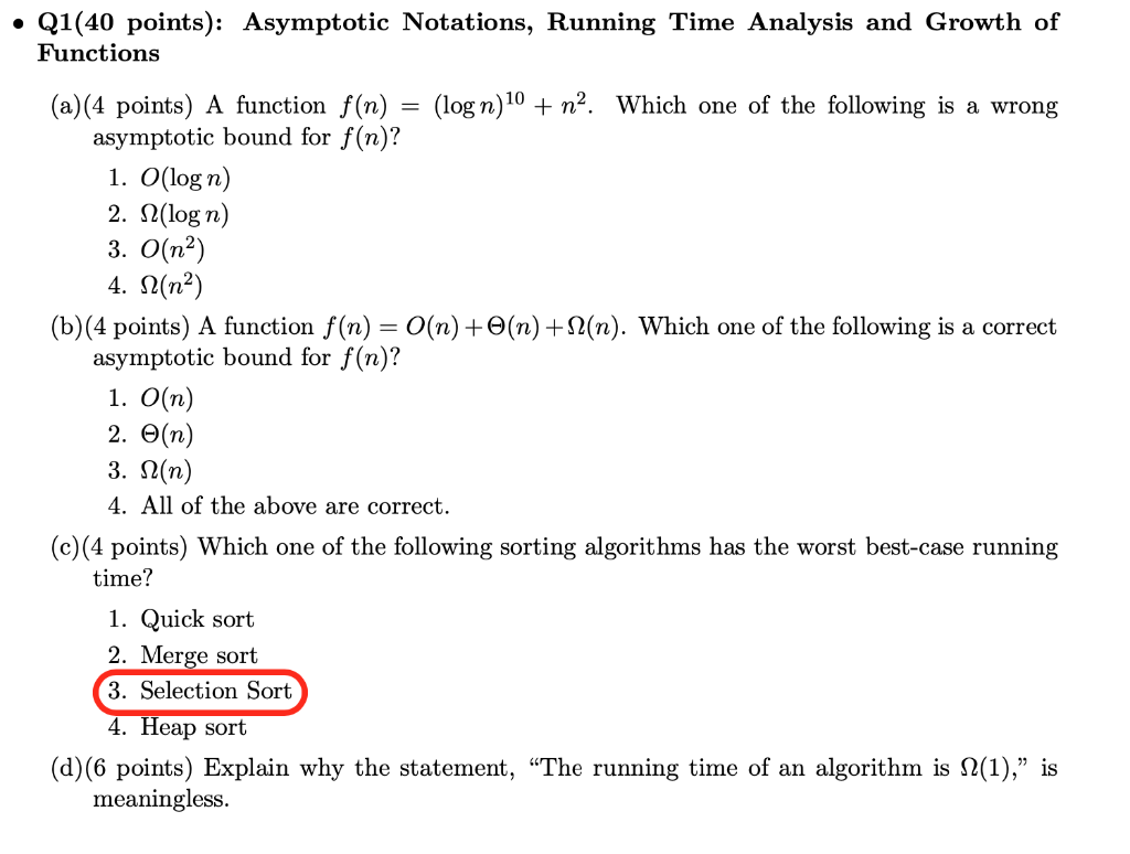 Solved • Q1(40 points): Asymptotic Notations, Running Time | Chegg.com