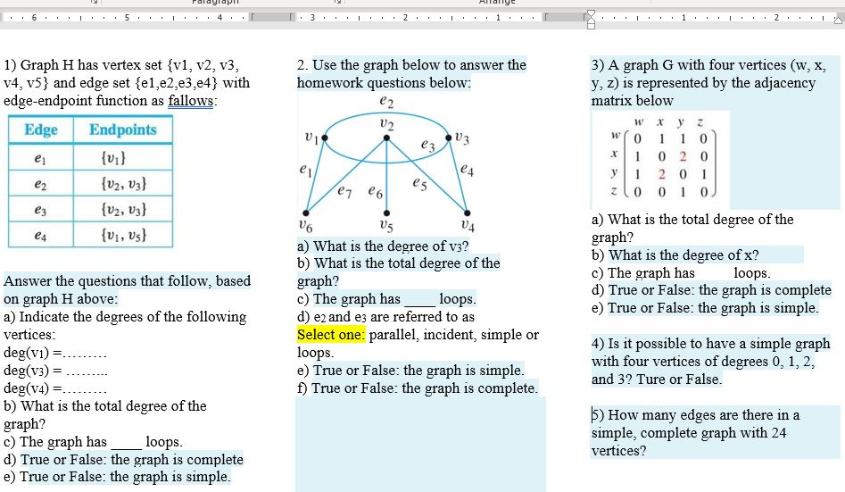 Solved 1) Graph H has vertex set fvl, v2, v3, v4, v53 and | Chegg.com