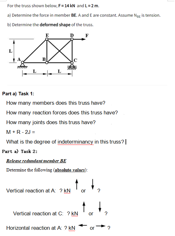 Solved For the truss shown below, F = 14 kN and L=2 m. a) | Chegg.com