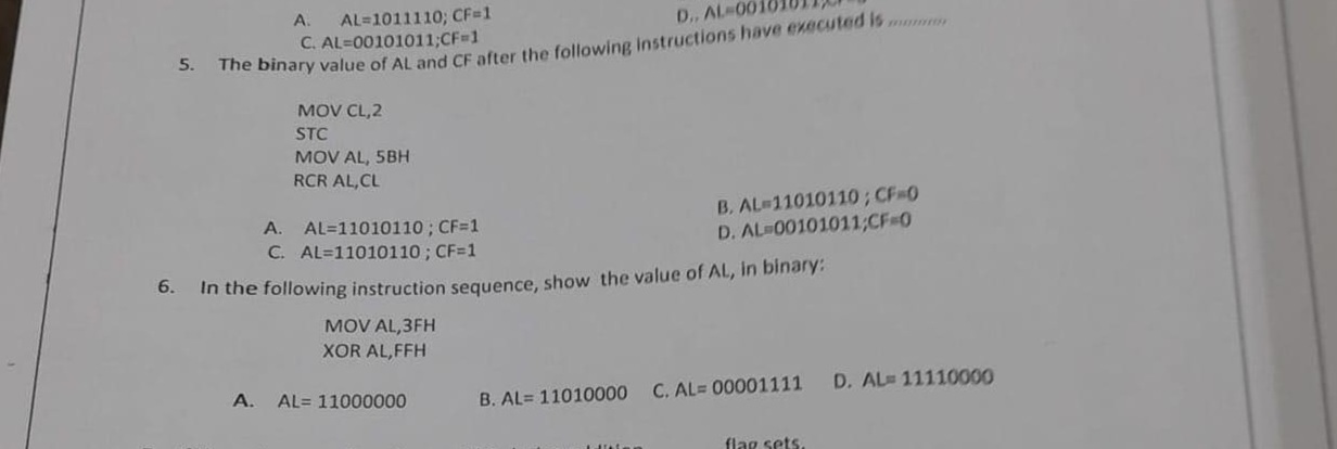 Solved A. AL=1011110;CF=1 C. AL=00101011;CF=1 5. The binary | Chegg.com
